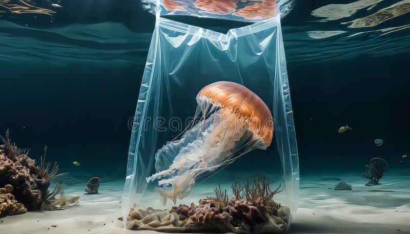 Jellyfish Trapped in Plastic Bag Stock Illustration - Illustration of ...
