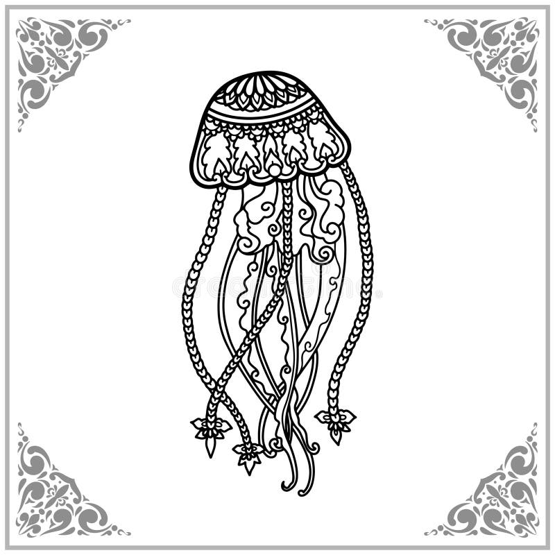Jellyfish in Zentangle Inspired Style on White Background. Coloring ...