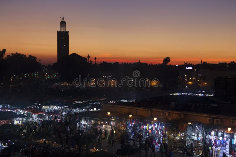Jemaa El-Fnaa and the Koutoubia Mosque in Marrakesh at Sunset Stock ...