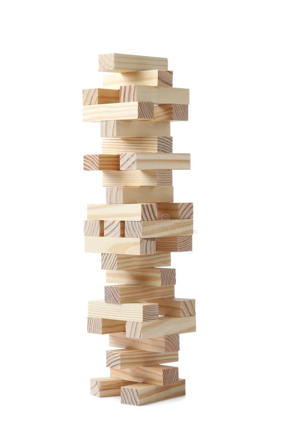 Jenga Tower Made of Wooden Blocks on White Background Stock Photo ...