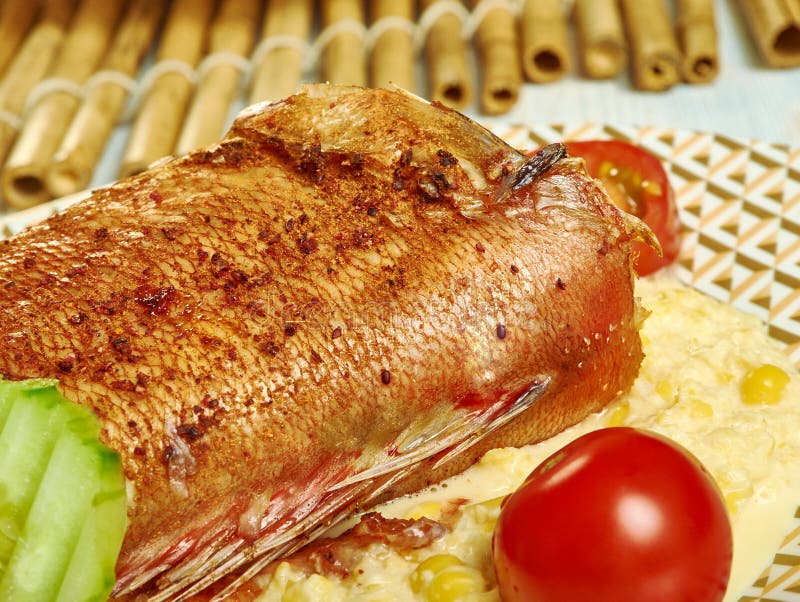 Jerk cod creamed corn stock image. Image of barbecue - 179970443
