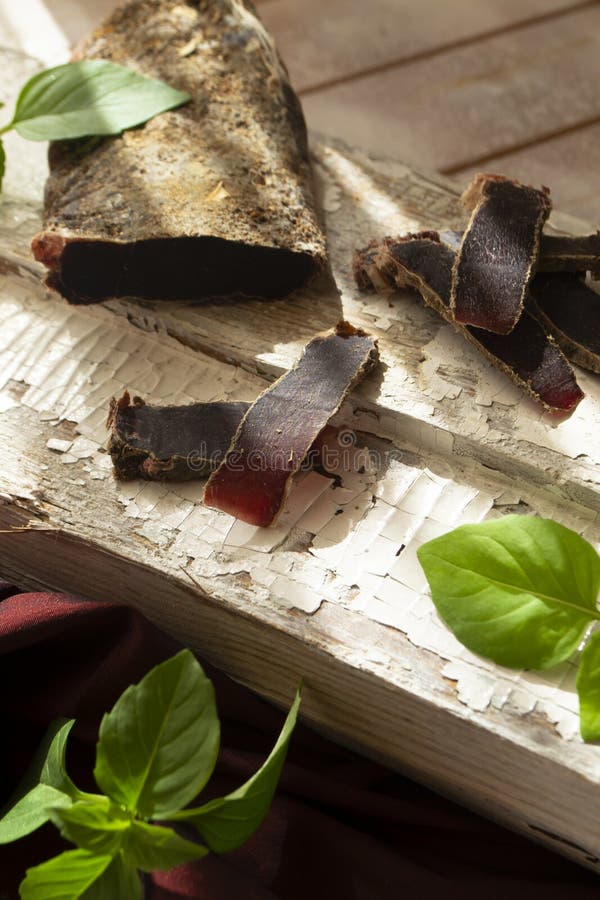 Jerked Meat, Wild Deer Dry Meat on a Rustic Table Stock Photo - Image ...