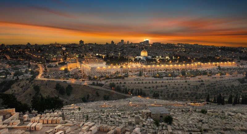 Jerusalem city by sunset stock photo. Image of islamic - 93130476