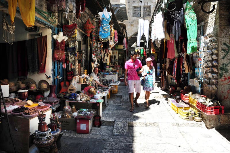 JERUSALEM, ISRAEL - April 2, 2018: East Market in Old Jerusalem with ...