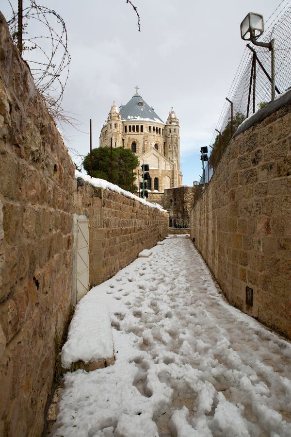 Snow in Jerusalem stock photo. Image of building, path - 35845192