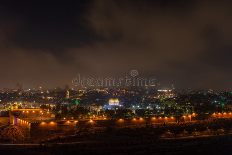 Jerusalem Old Town Skyline Illuminated at Night Stock Photo - Image of ...