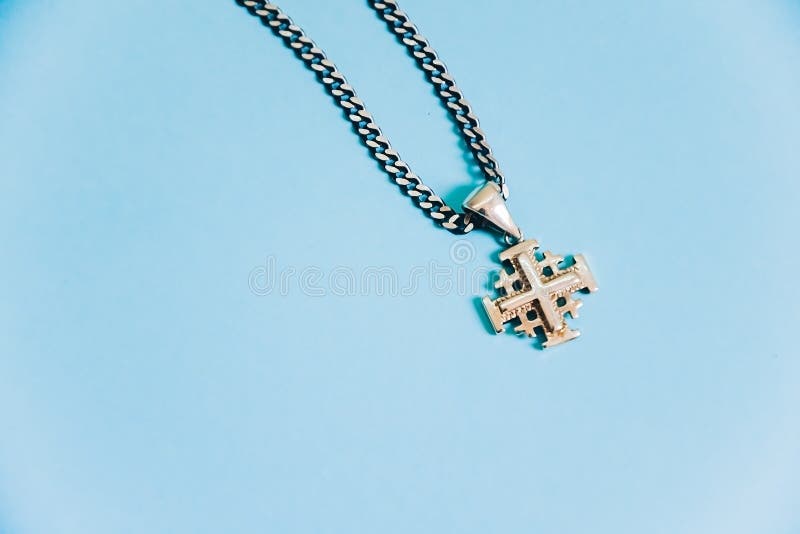 Jerusalem Silver Crusader Cross with Chain on a Blue Background Stock ...