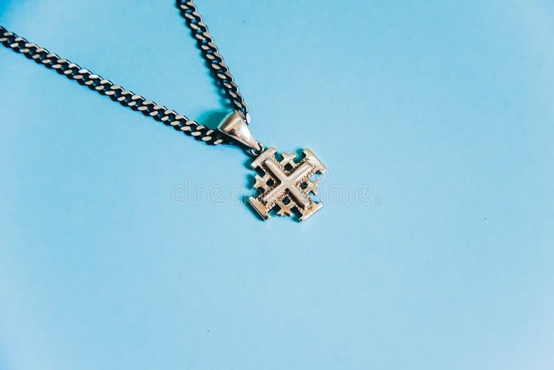 Jerusalem Silver Crusader Cross with Chain on a Blue Background Stock ...