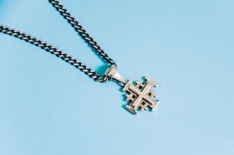 Jerusalem Silver Crusader Cross with Chain on a Blue Background Stock ...