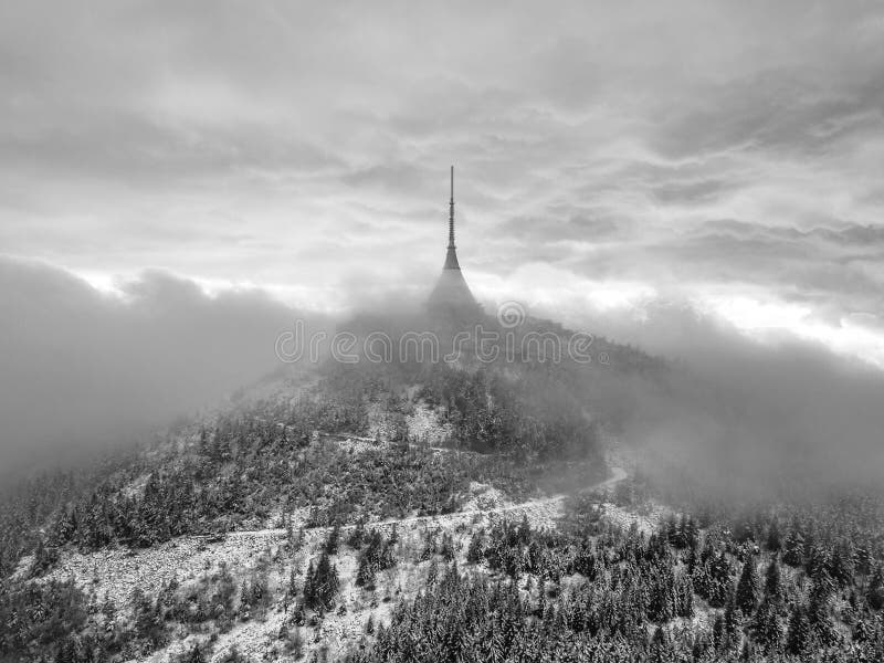 Jested Mountain in clouds stock image. Image of panorama - 306589157