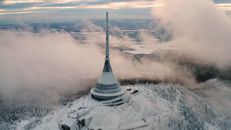 Jested Tower Built on Forestry Mountain Covered with Snow Stock Footage ...