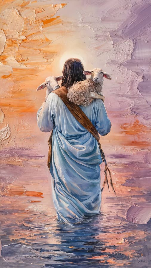 Jesus As Shepherd with Lamb Over Shoulder Stock Illustration ...