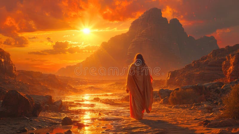 Jesus Walking on Rocky Beach at Sunset. Generative AI. Stock Image ...