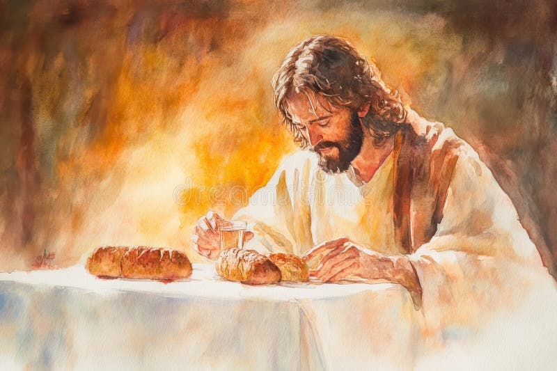 Jesus Blessing the Bread and Wine at the Last Supper, with Soft Light ...