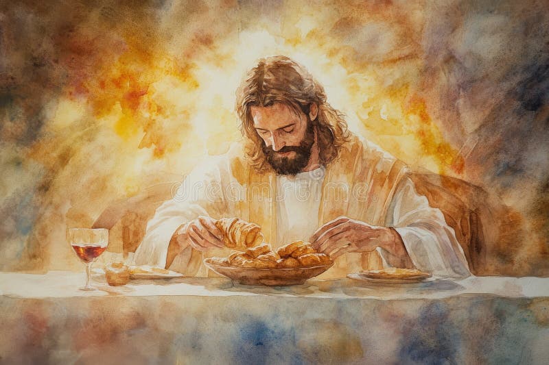Jesus Blessing Bread and Wine during the Last Supper. the Watercolor ...