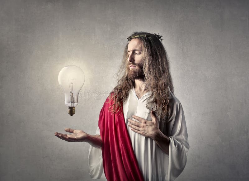 Jesus with a bulb stock image. Image of invention, ironic - 78475141