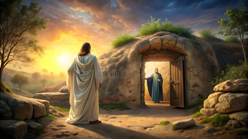 Jesus Christ in a Cave in the Mountains at Sunset Stock Illustration ...