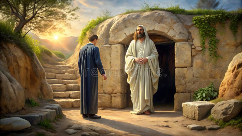 Jesus Christ in the Cave at Sunset. 3d Rendering Stock Illustration ...