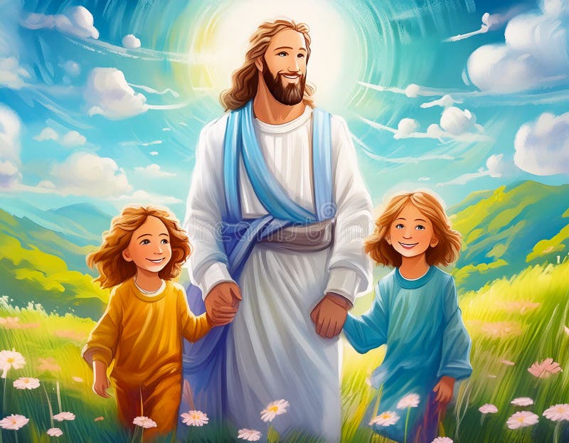 Jesus Christ with Children Drawing Stock Illustration - Illustration of ...
