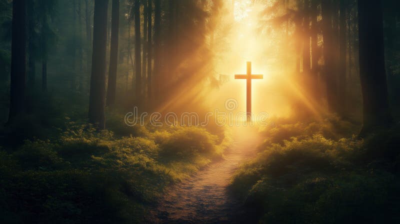 Jesus Christ Cross in Forest Illuminated by Rays Stock Illustration ...