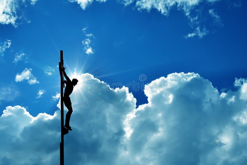 Jesus Christ on the Cross Over Blue Dramatic Sky Background Stock Image ...