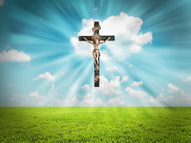 Jesus Christ on Cross Radiates Light in Sky Over Stock Photo - Image of ...