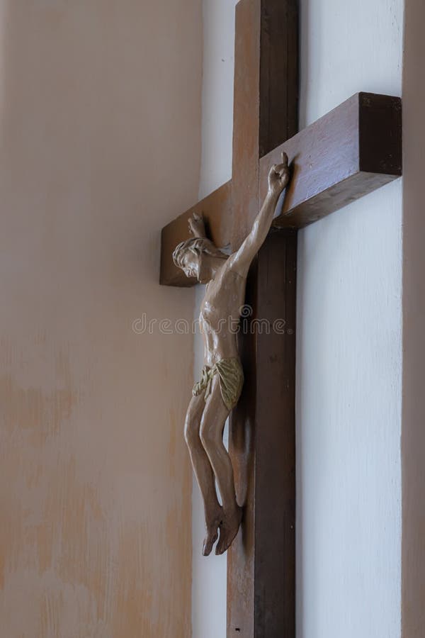 Jesus Christ on the Cross with Wall Background in Catholic Church Stock ...