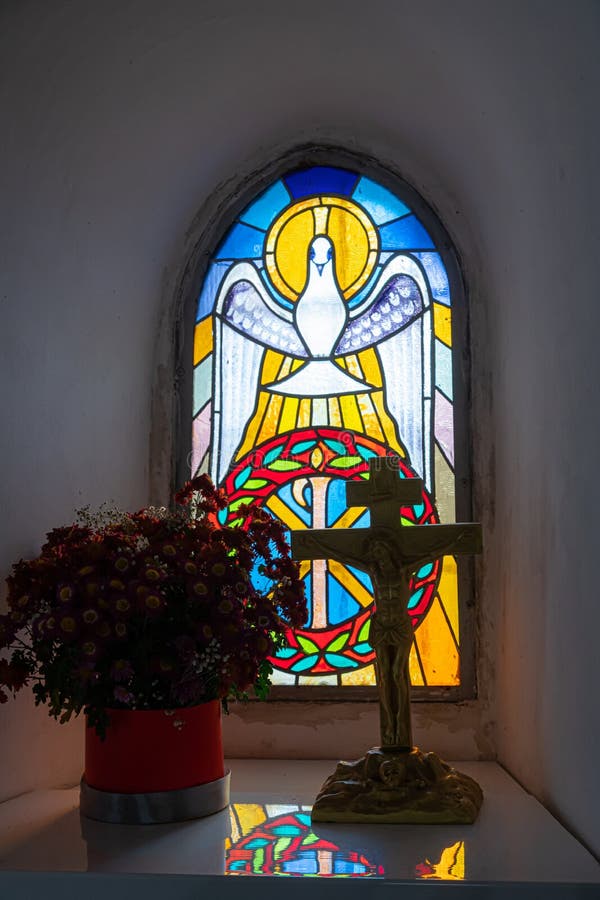 Jesus Christ on the Cross with Wall Background in Catholic Church Stock ...