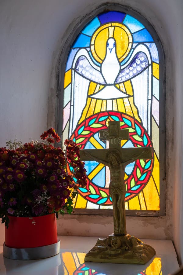 Jesus Christ on the Cross with Wall Background in Catholic Church Stock ...