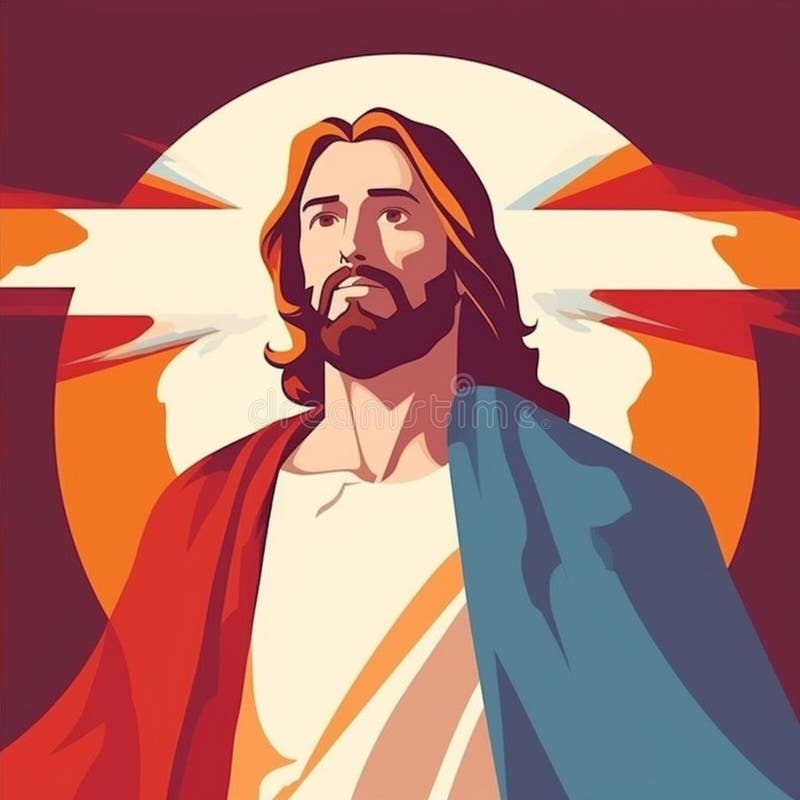 Jesus Christ Depicted with Flowing Hair and Robes Under a Radiant Halo ... Jesus Christ Depicted with Flowing Hair and Robes Under a Radiant Halo ...