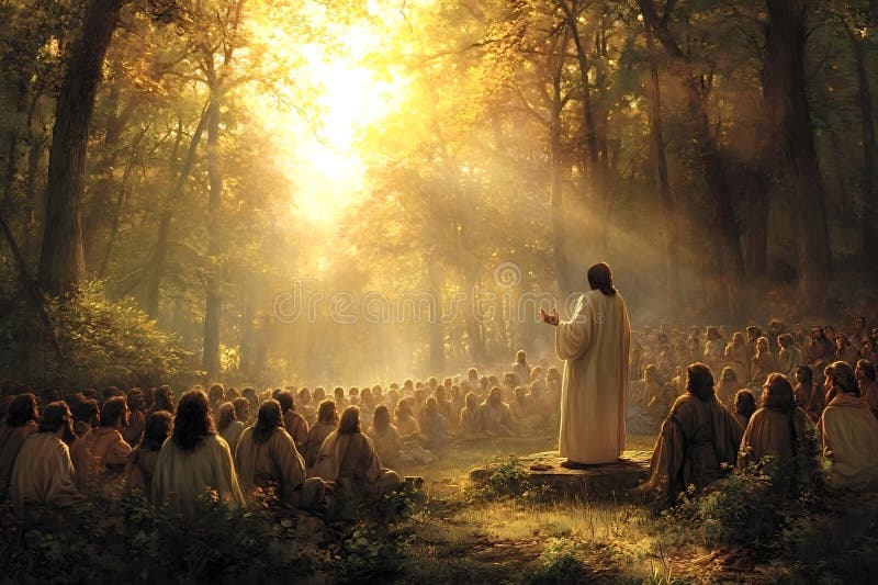 Jesus Christ Preaching To a Crowd in a Forest at Sunrise Stock Image ...