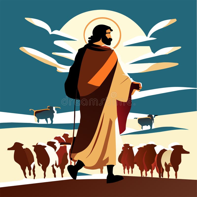 Jesus Christ in the Field with Flock of Sheep Vector Design AI ...
