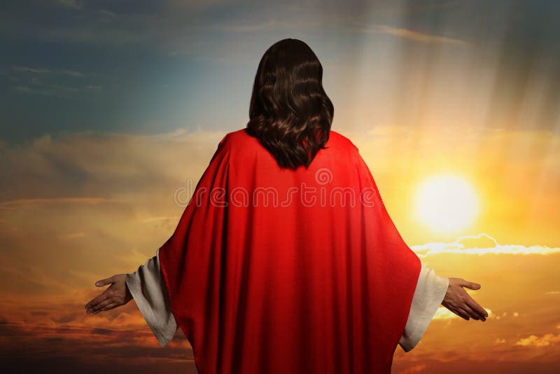 Jesus Christ Reaching Out His Hands and Praying at Sunset, Banner ...