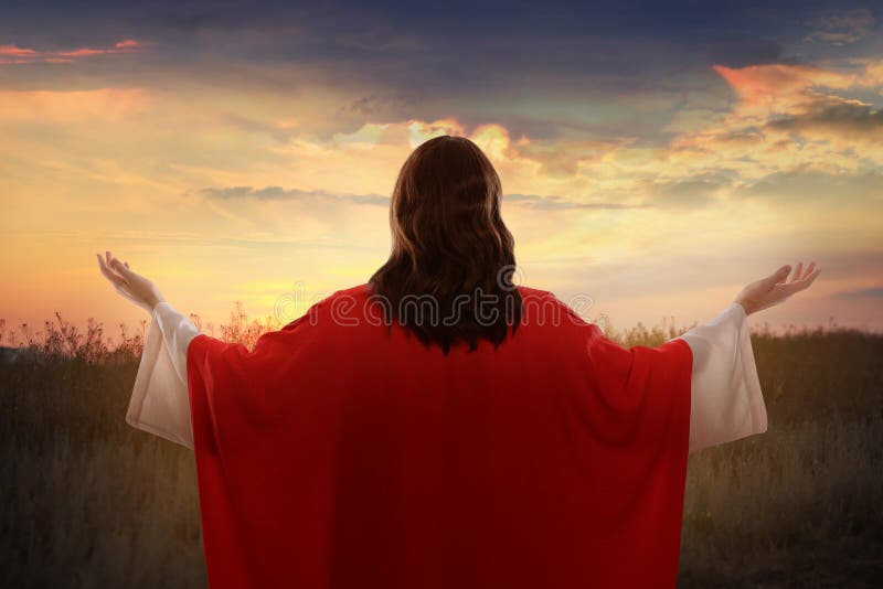Jesus Christ Near Water Outdoors, Back View Stock Image - Image of ...