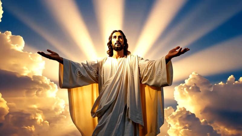 Jesus Christ with Outstretched Arms Against a Backdrop of Radiant Sun ...