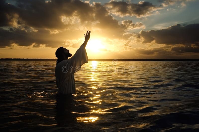 Jesus Christ Praying in Water at Sunset with Dramatic Sky Stock Image ...