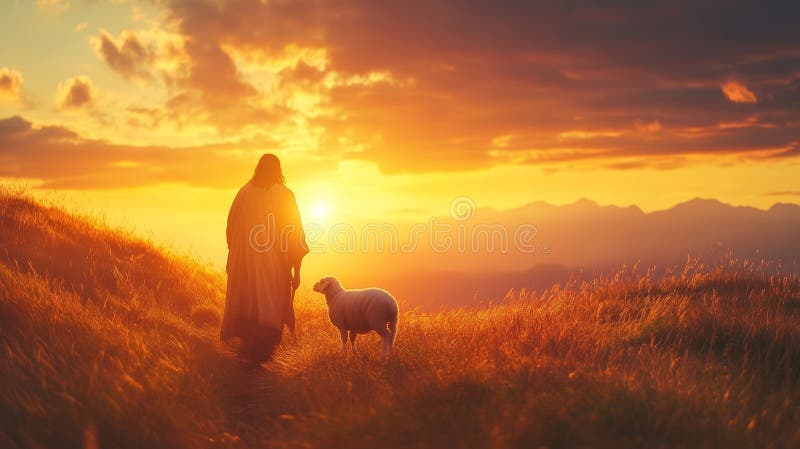 Jesus Christ the Shepherd Caring for a Lost Lamb Amidst a Beautiful ...