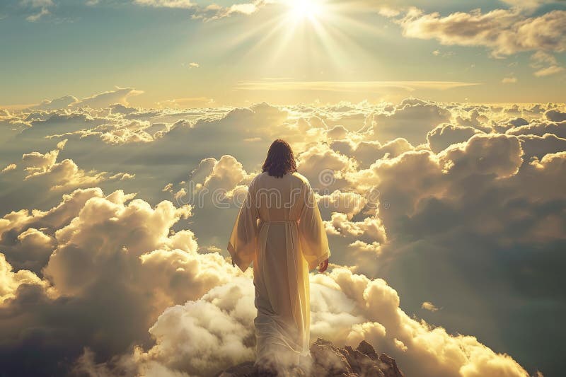 Jesus Christ in the Sky with Clouds and Sun Stock Illustration ...