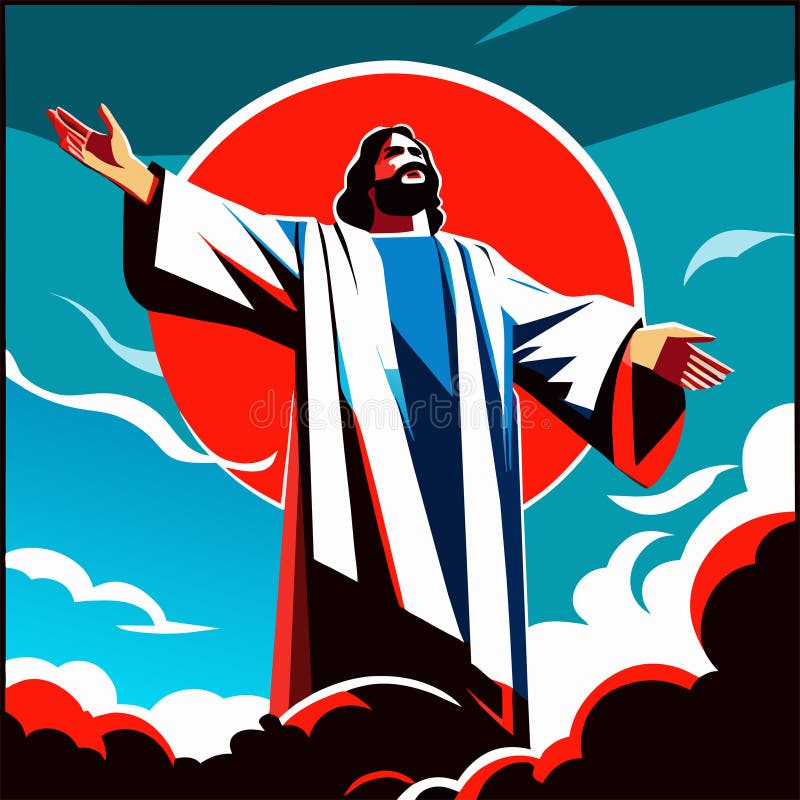 Jesus Christ in the Sky with Clouds and Sun. Vector Illustration Stock ...