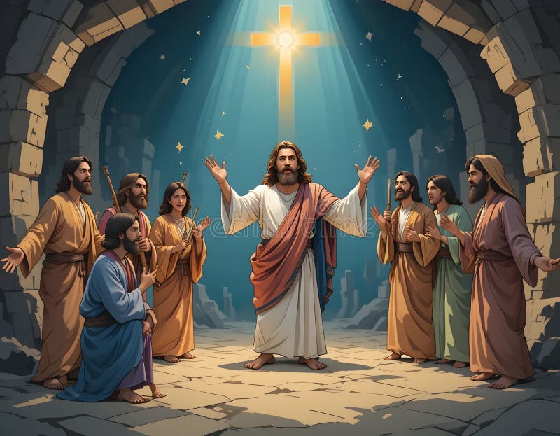 Jesus Christ with Disciples Illustration in an Ancient Building with a ...