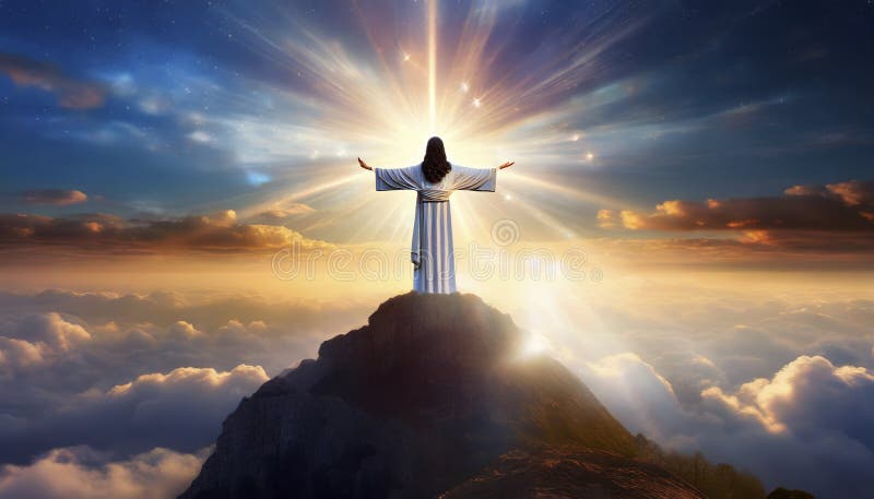 Jesus Christ on the Top of the Mountain with Rays of Light. Stock ...