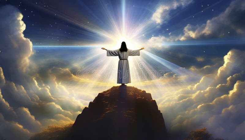 Jesus Christ on the Top of the Mountain with Rays of Light. Stock ...