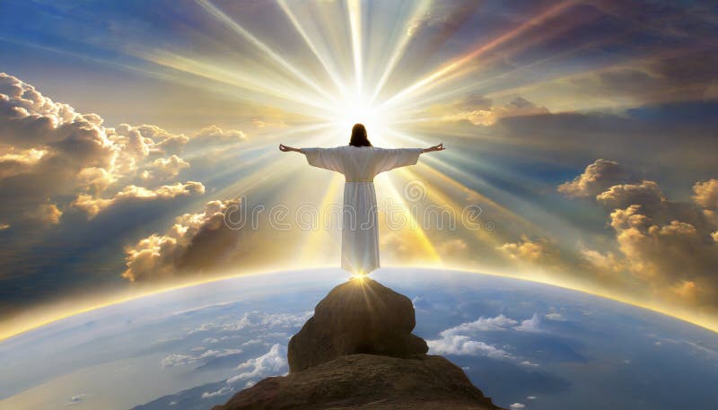Jesus Christ on the Top of the Mountain with Rays of Light. Stock ...
