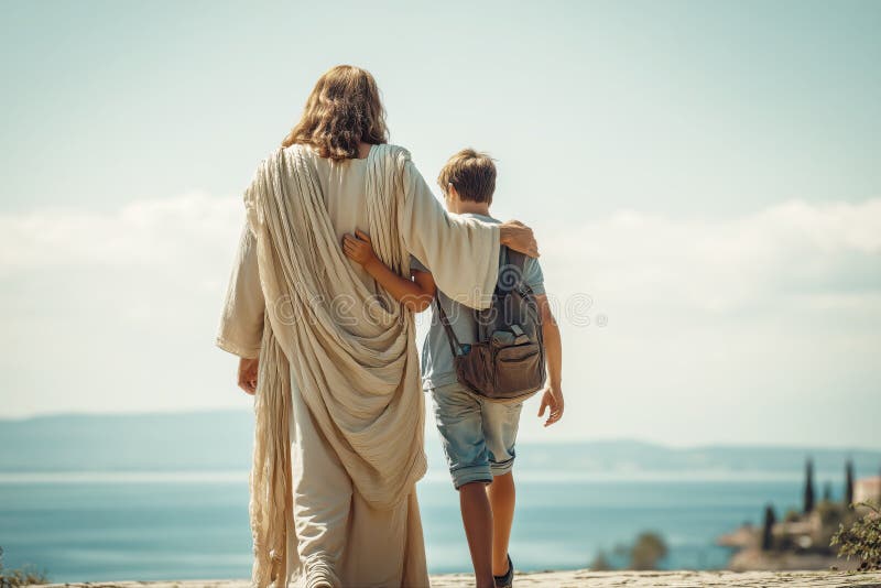 Jesus Christ Walk with Boy stock illustration. Illustration of ...