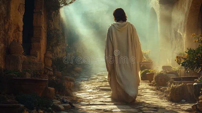 Jesus Christ Walking into the Light in a White Robe and Sandals Stock ...