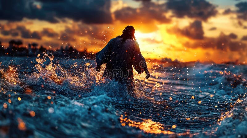 Jesus Christ Walking on Water in Dramatic Ocean Scene. Stock Image ...