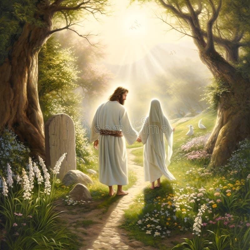 Jesus Christ Walks through a Deep Forest with Tall Trees Towards the ...