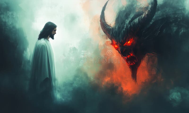 Jesus Confronting the Devil in a Dramatic Spiritual Battle Scene Stock ...