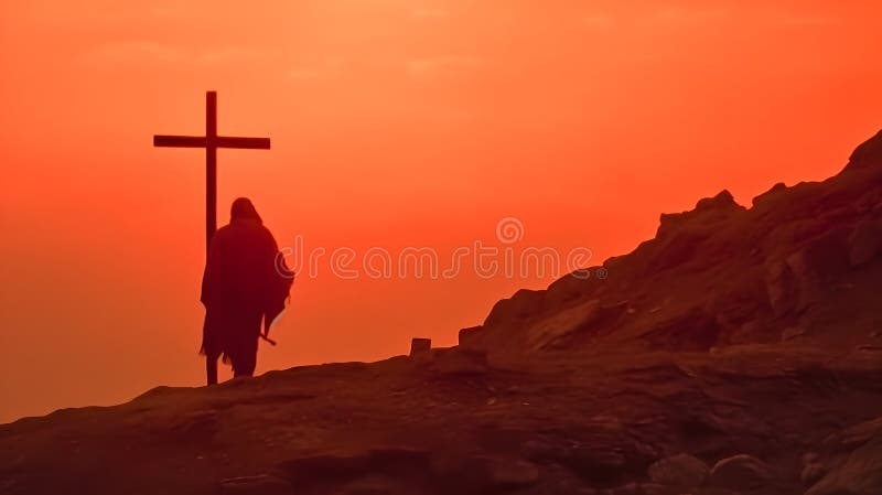 Jesus And Cross On Golgotha Hill Red Sky Sunset Dawn Christ