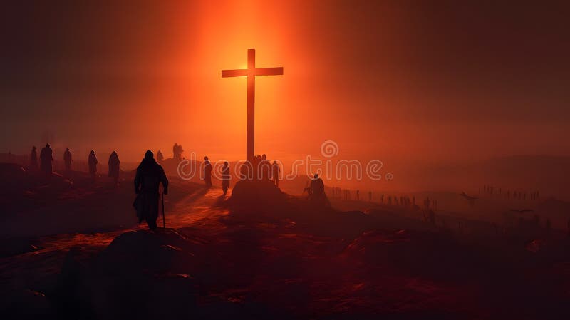 Jesus And Cross On Golgotha Hill Red Sky Sunset Dawn Christ